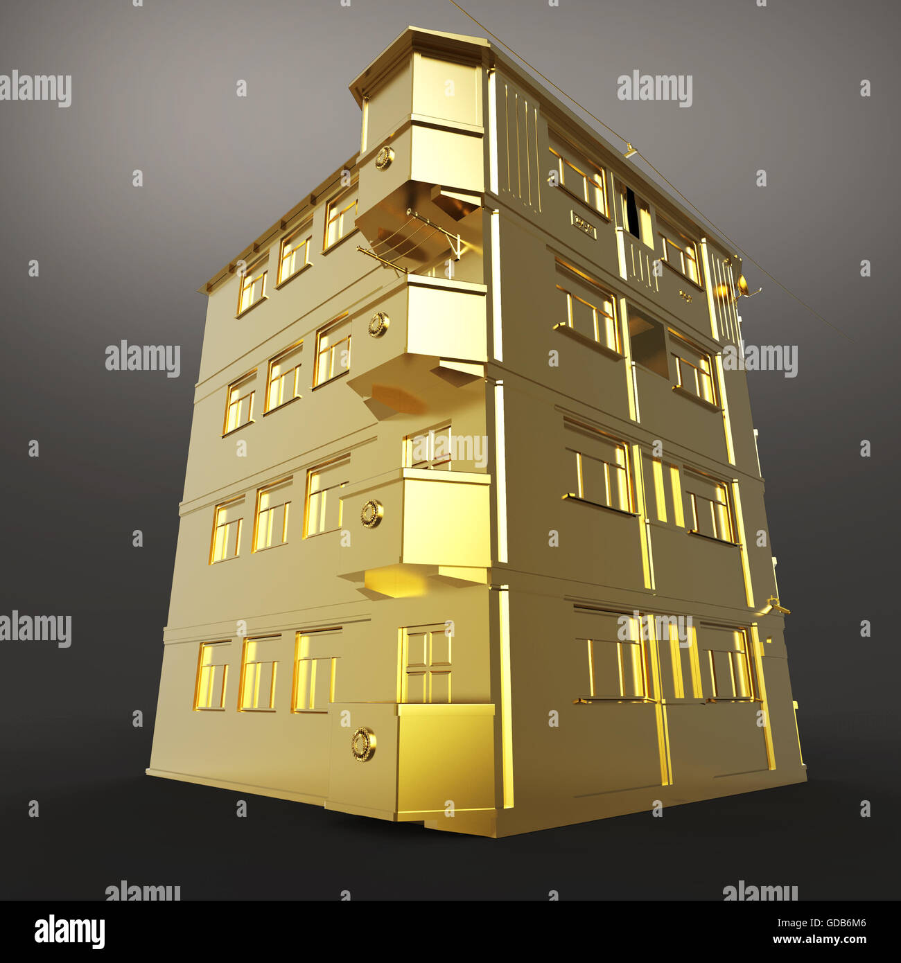 Shiny golden house roof side view rendering isolated on dark background ...