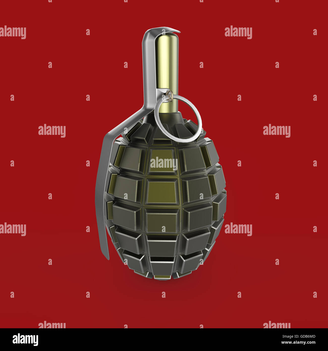 dark green and black metal hand grenade isolated on red background ...