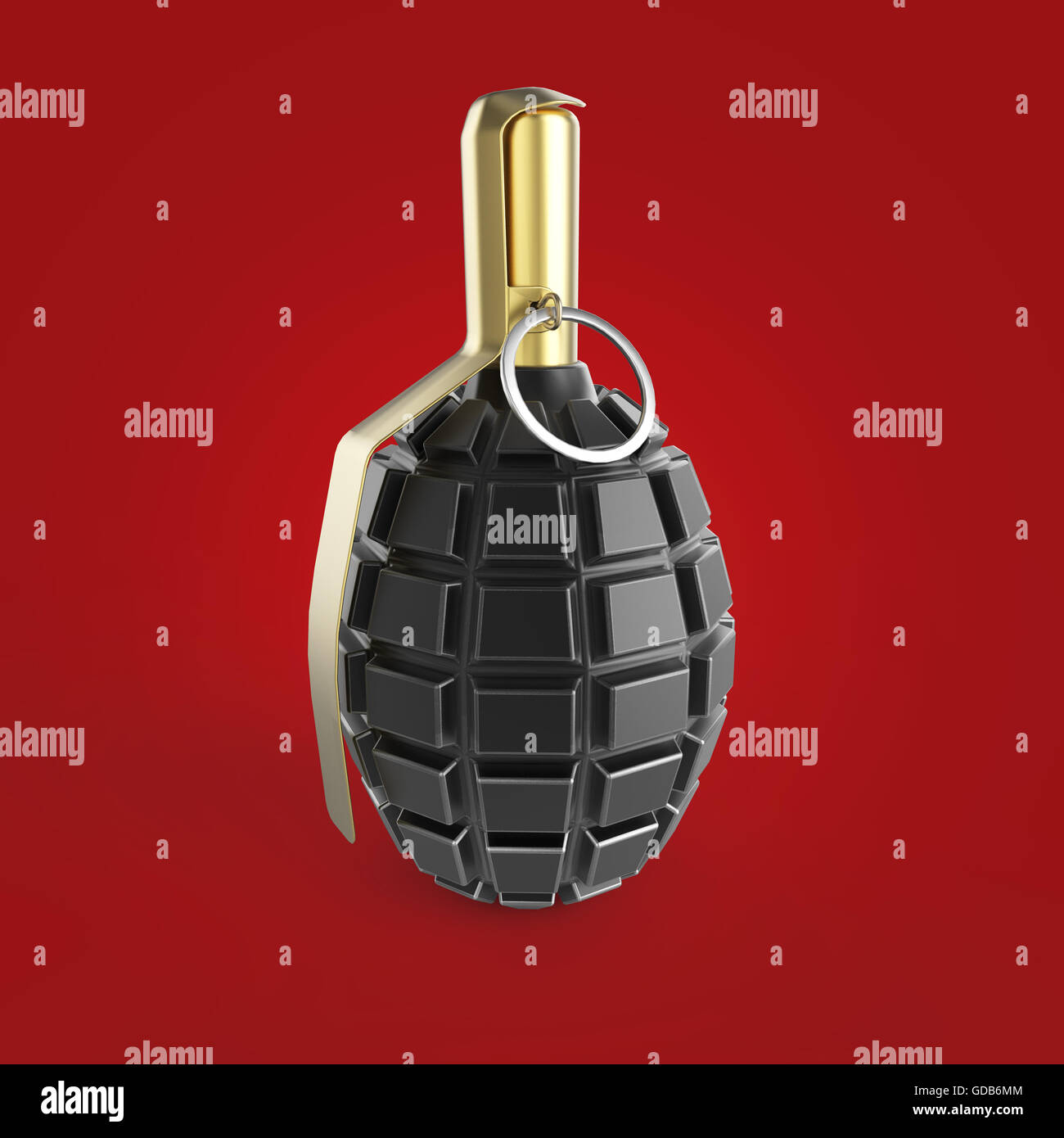 dark green and black metal hand grenade isolated on red background ...