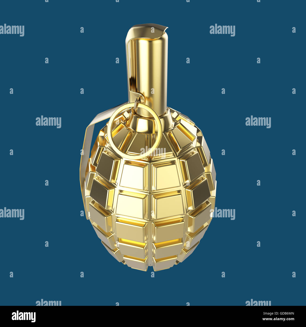 Golden glossy metal hand grenade isolated on red background render ...