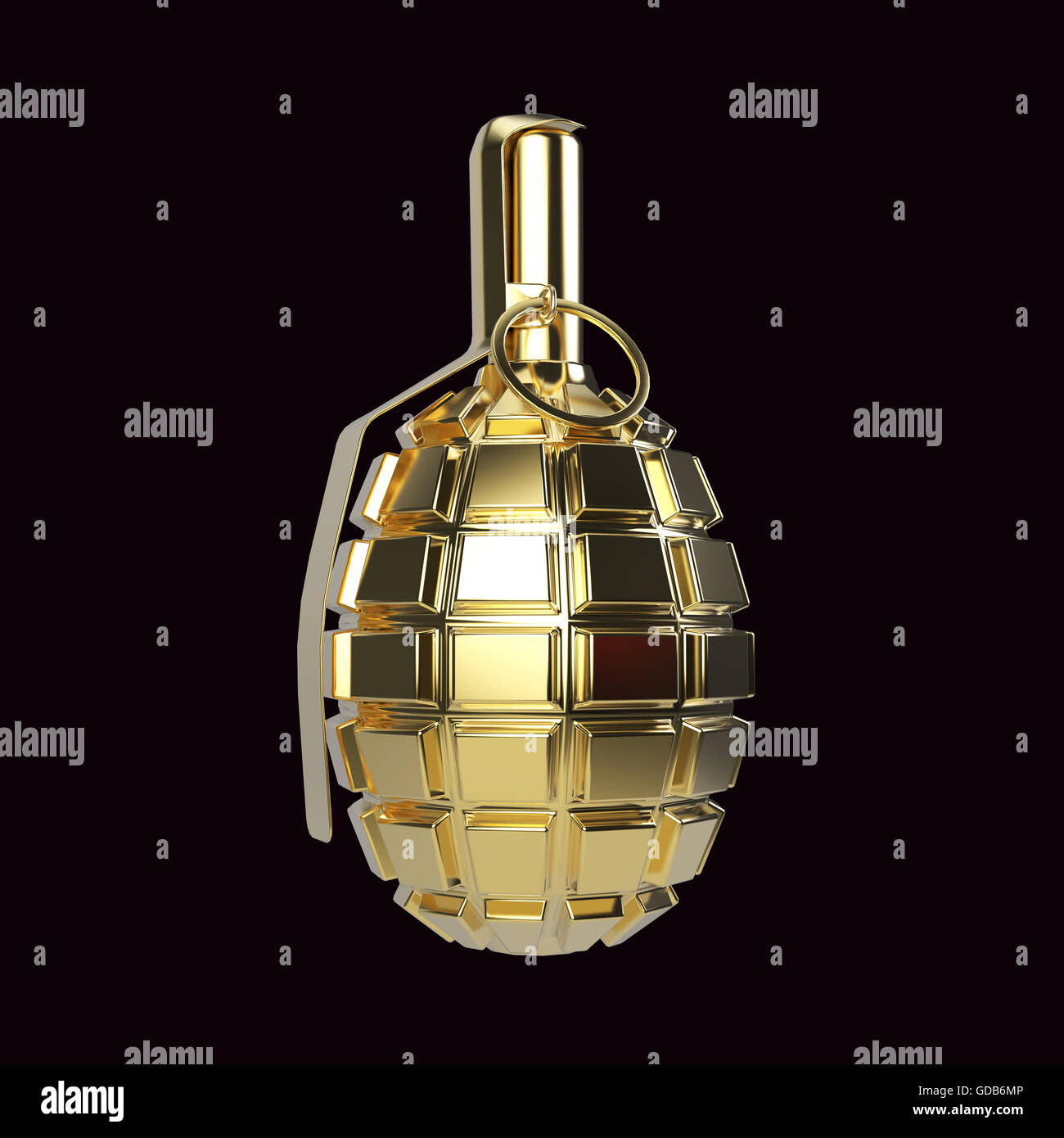 Golden glossy metal hand grenade isolated on red background render ...