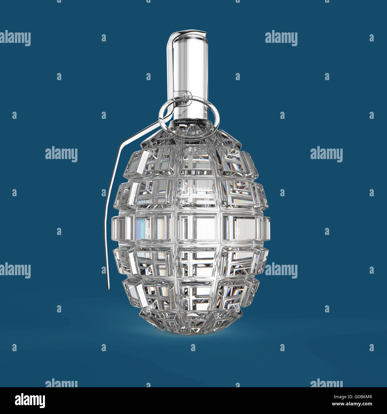 Transparent crystal diamond hand grenade isolated on red background ...