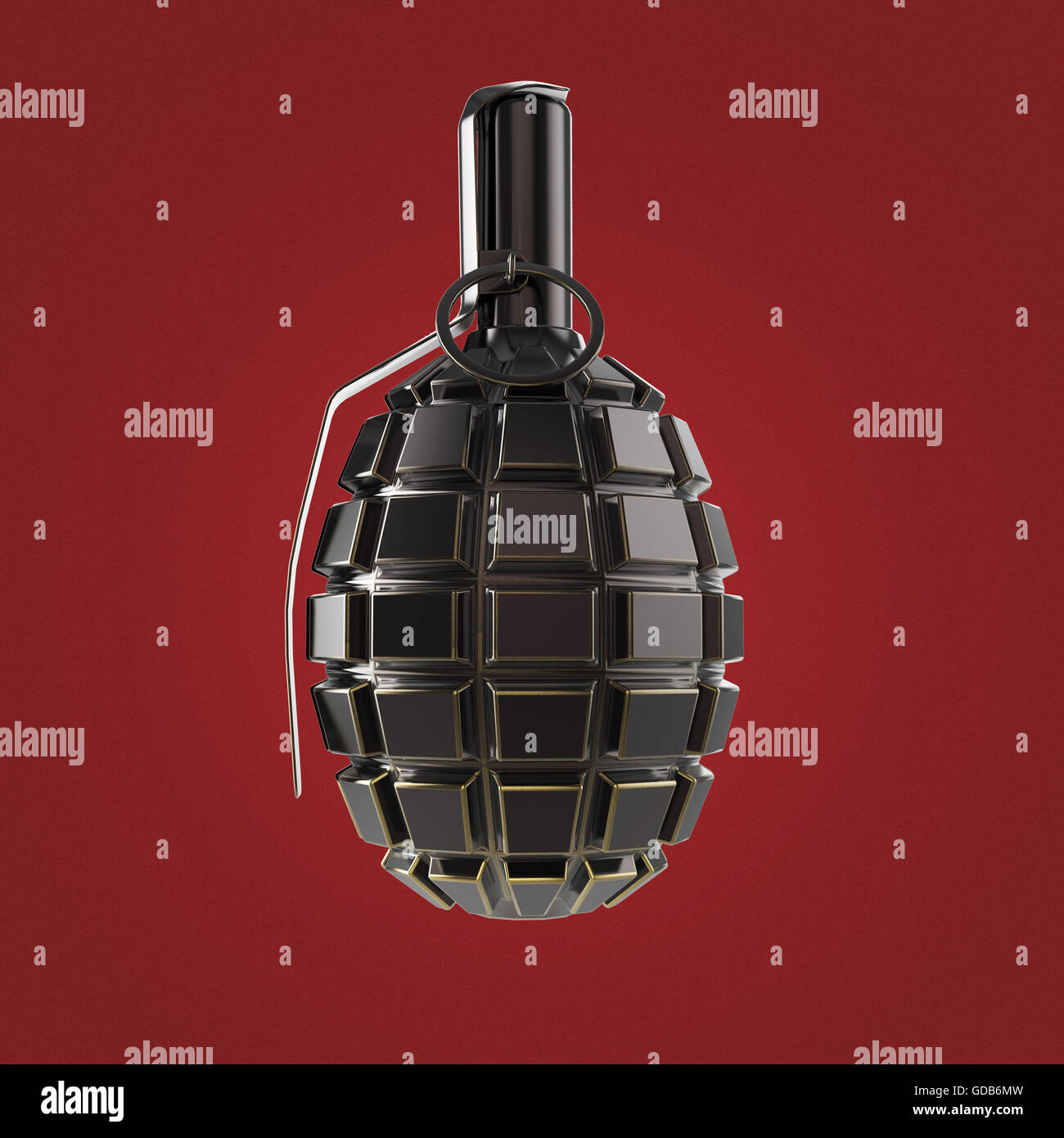 dark green and black metal hand grenade isolated on red background ...