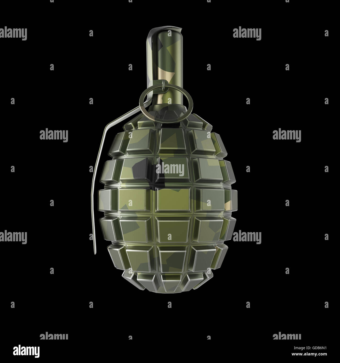 dark green and black metal hand grenade isolated on red ...