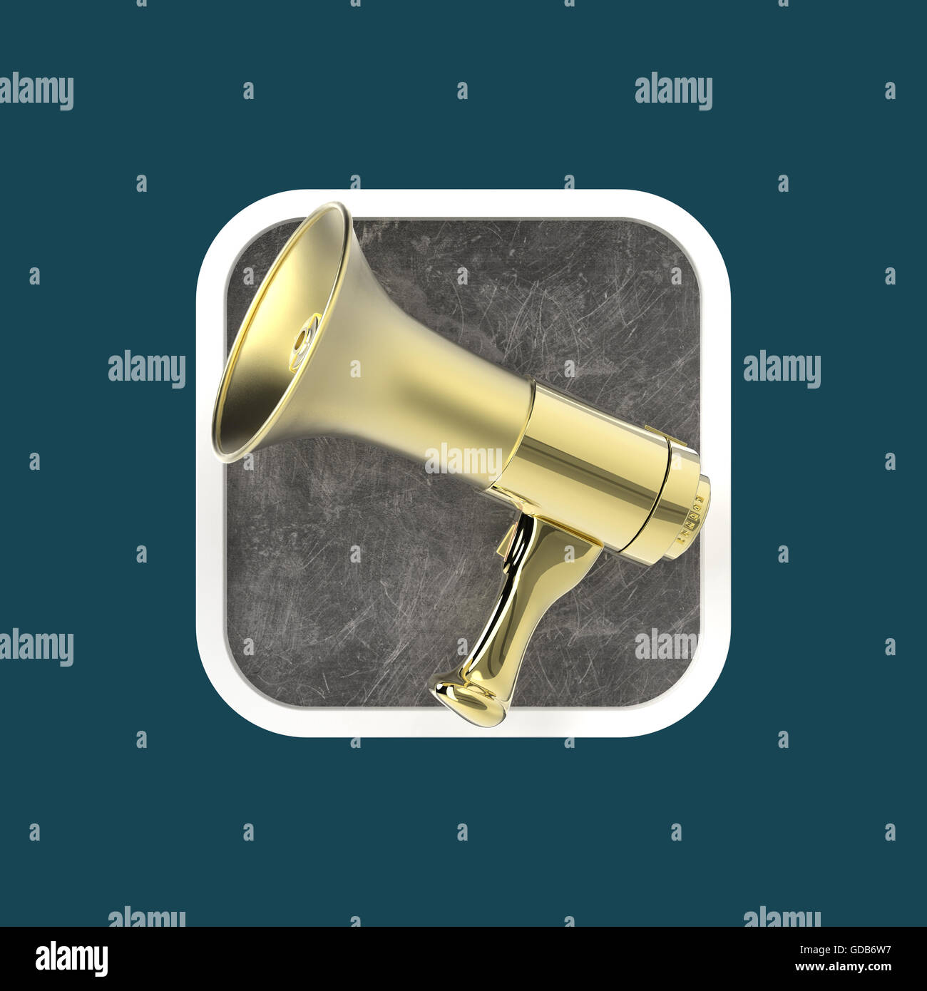 Glossy golden modern megaphone on rounded square background ...