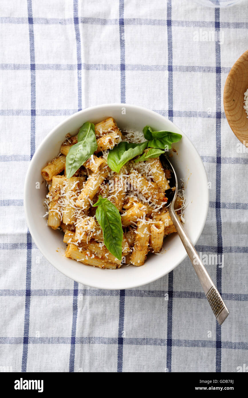 pasta with cheese and basil, food top view Stock Photo - Alamy