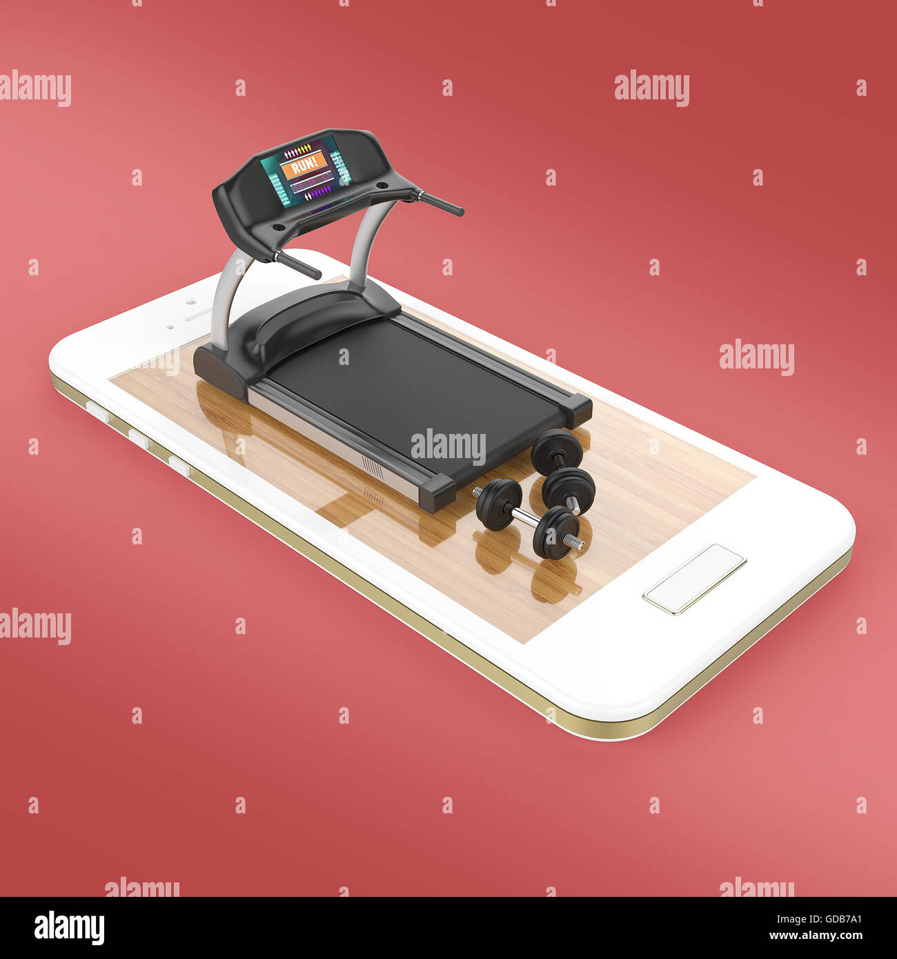 Treadmill and fitness exercise equipment dumbbell weights on screen of ...