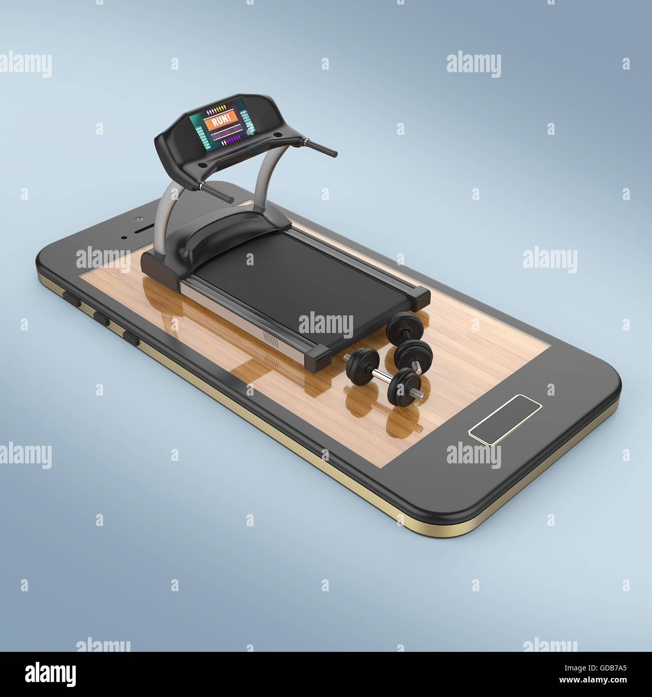 Treadmill and fitness exercise equipment dumbbell weights on screen of ...