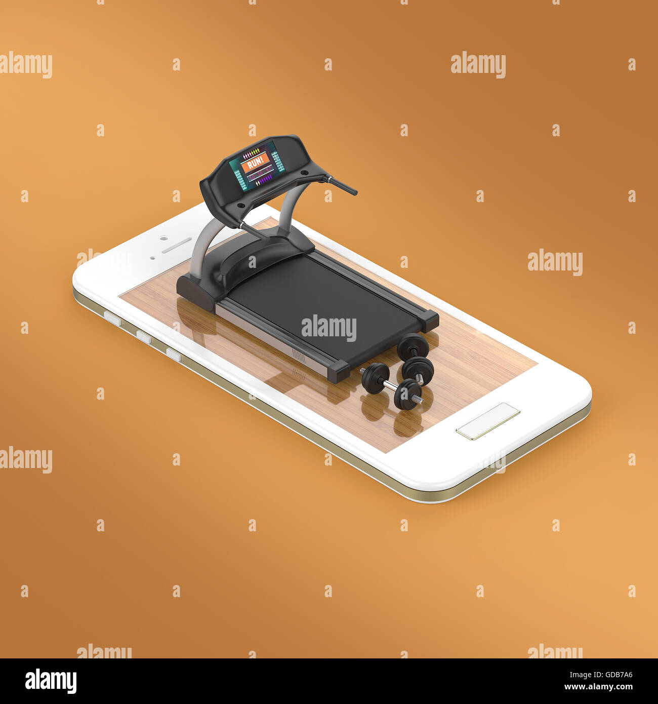 Treadmill and fitness exercise equipment dumbbell weights on screen of ...