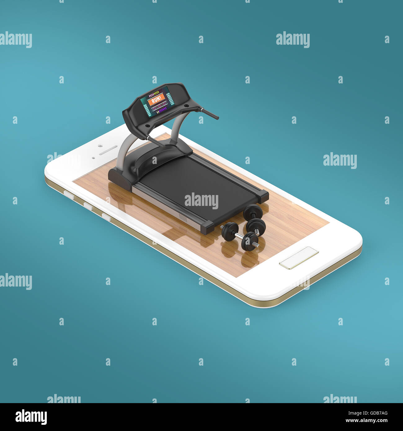 Treadmill and fitness exercise equipment dumbbell weights on screen of ...