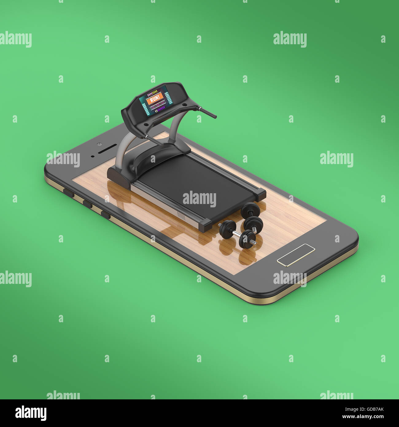 Treadmill and fitness exercise equipment dumbbell weights on screen of ...