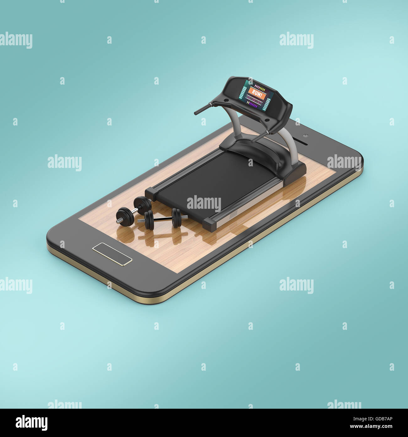 Treadmill and fitness exercise equipment dumbbell weights on screen of ...