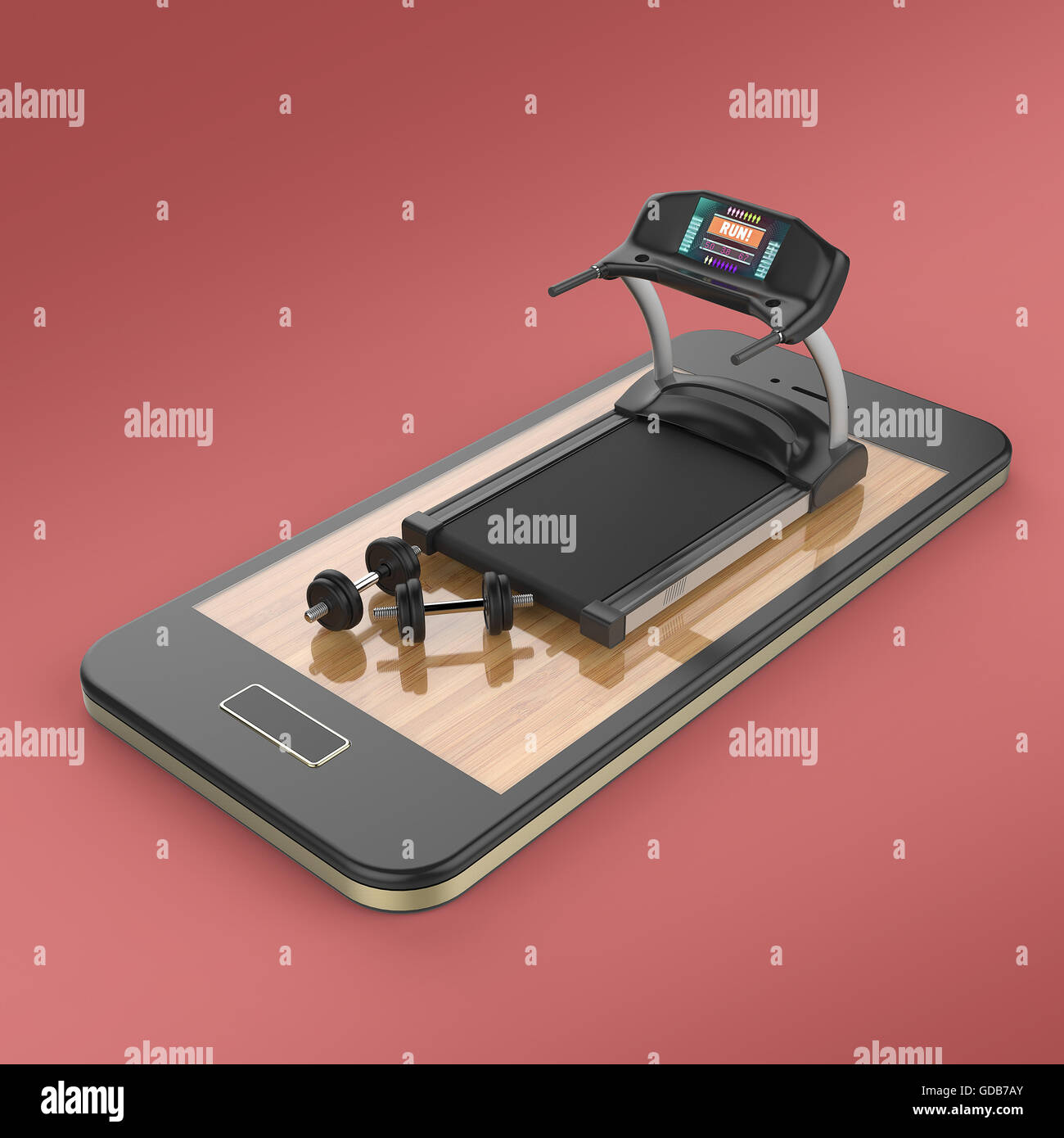 Treadmill and fitness exercise equipment dumbbell weights on screen of ...