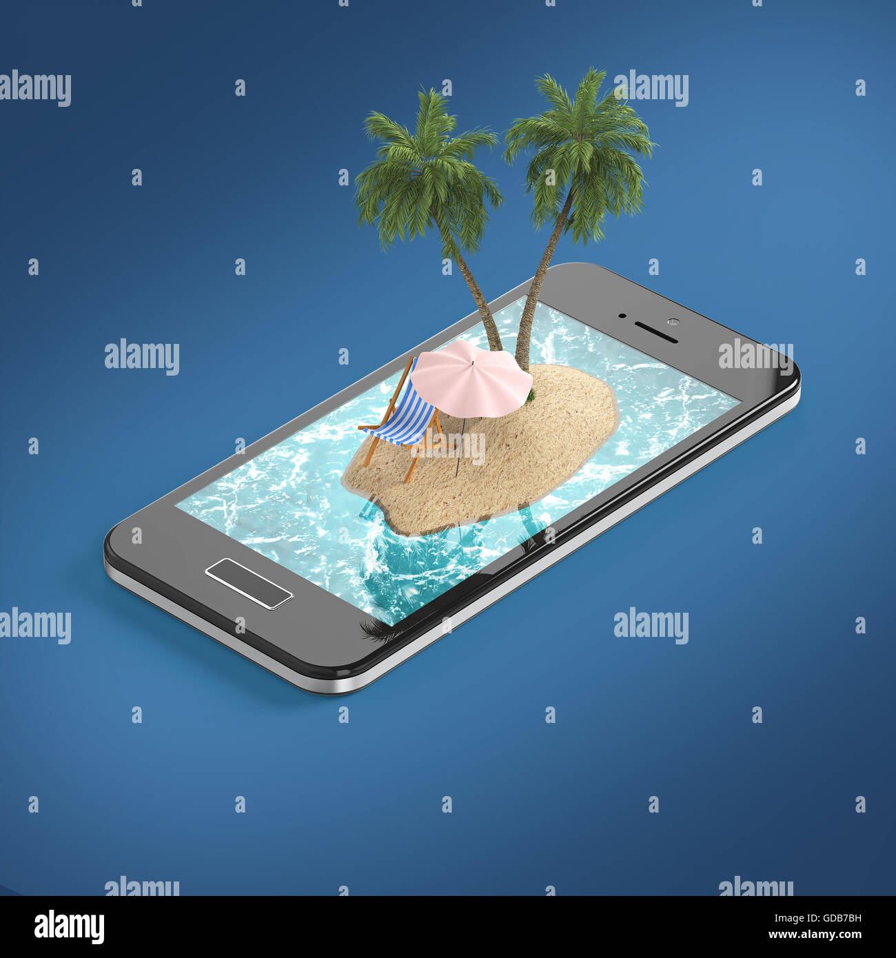 render of tropical island resort with blue sea ocean water, sand beach ...