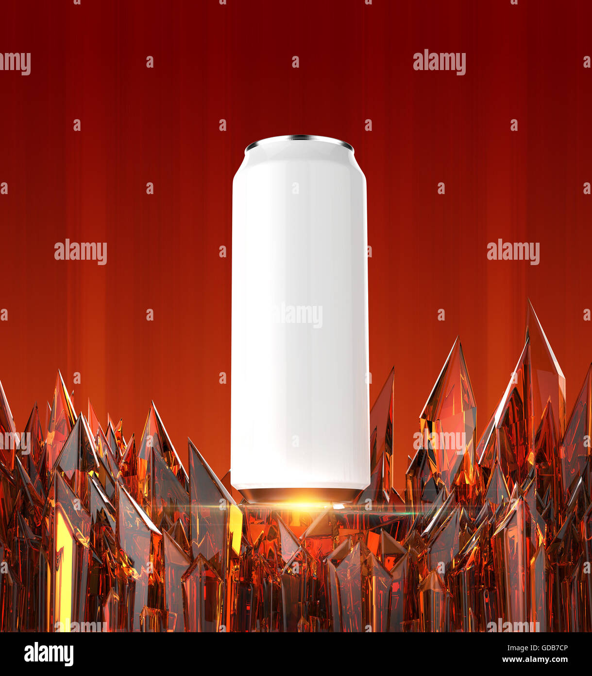 blank white beer can mock-up on shiny fed fire looking crystal base ...