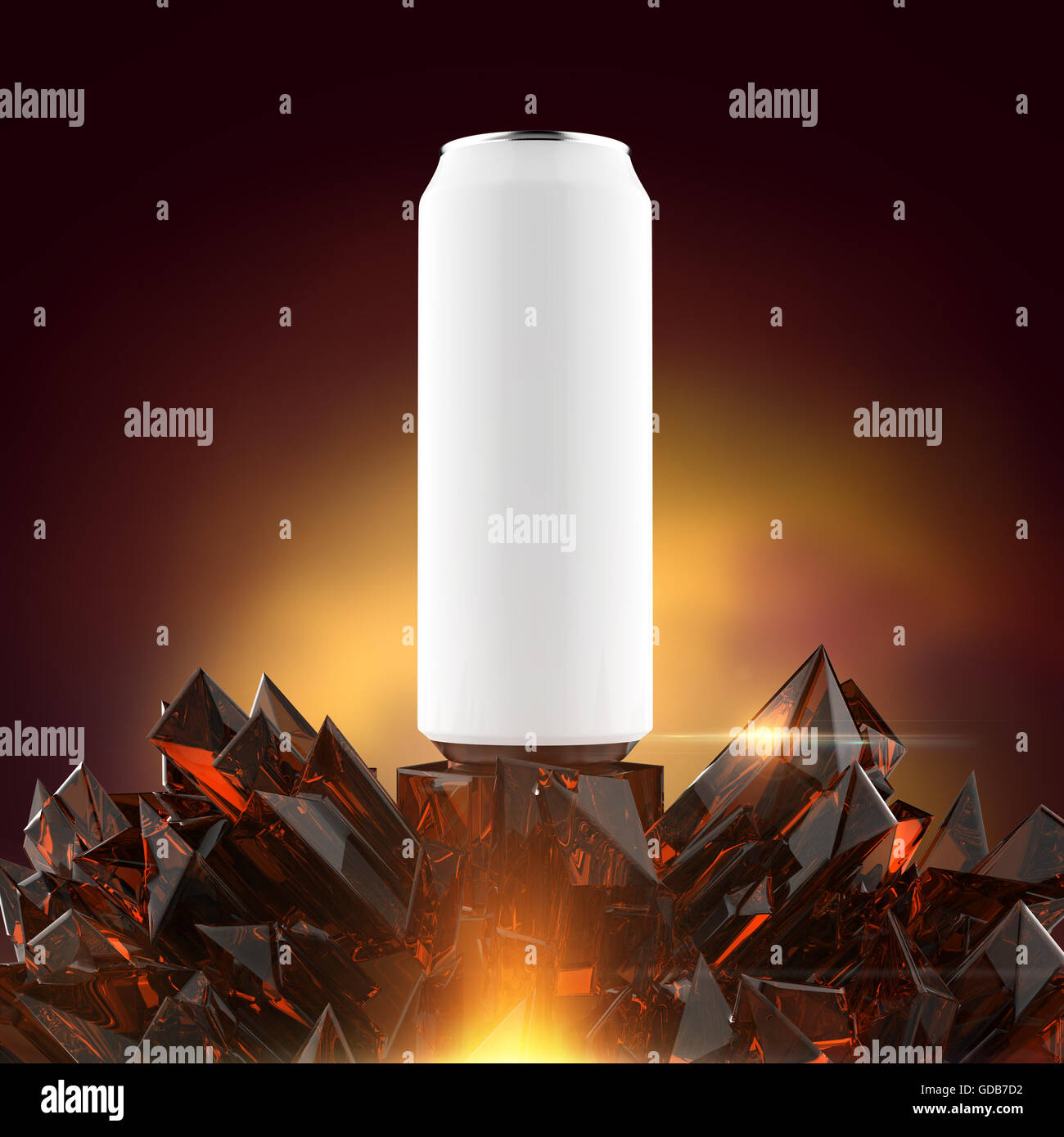 blank white beer can mock-up on shiny fed fire looking crystal base ...