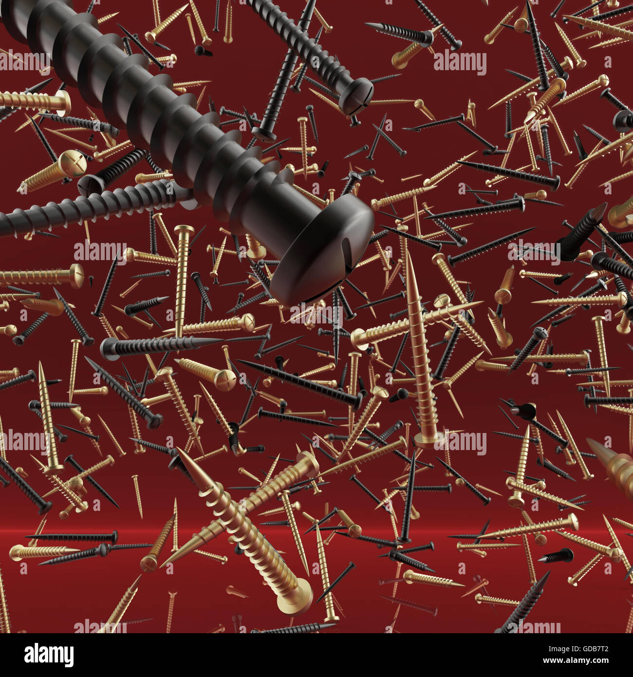 black and silver screws chaotically floating air in front of blue ...