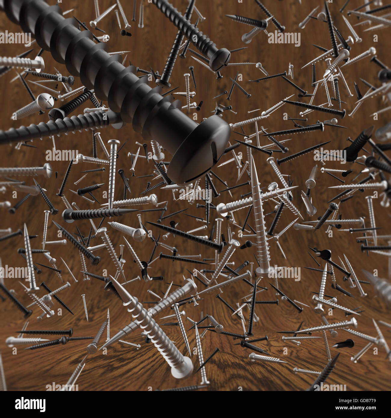 black and silver screws chaotically floating air in front of blue ...