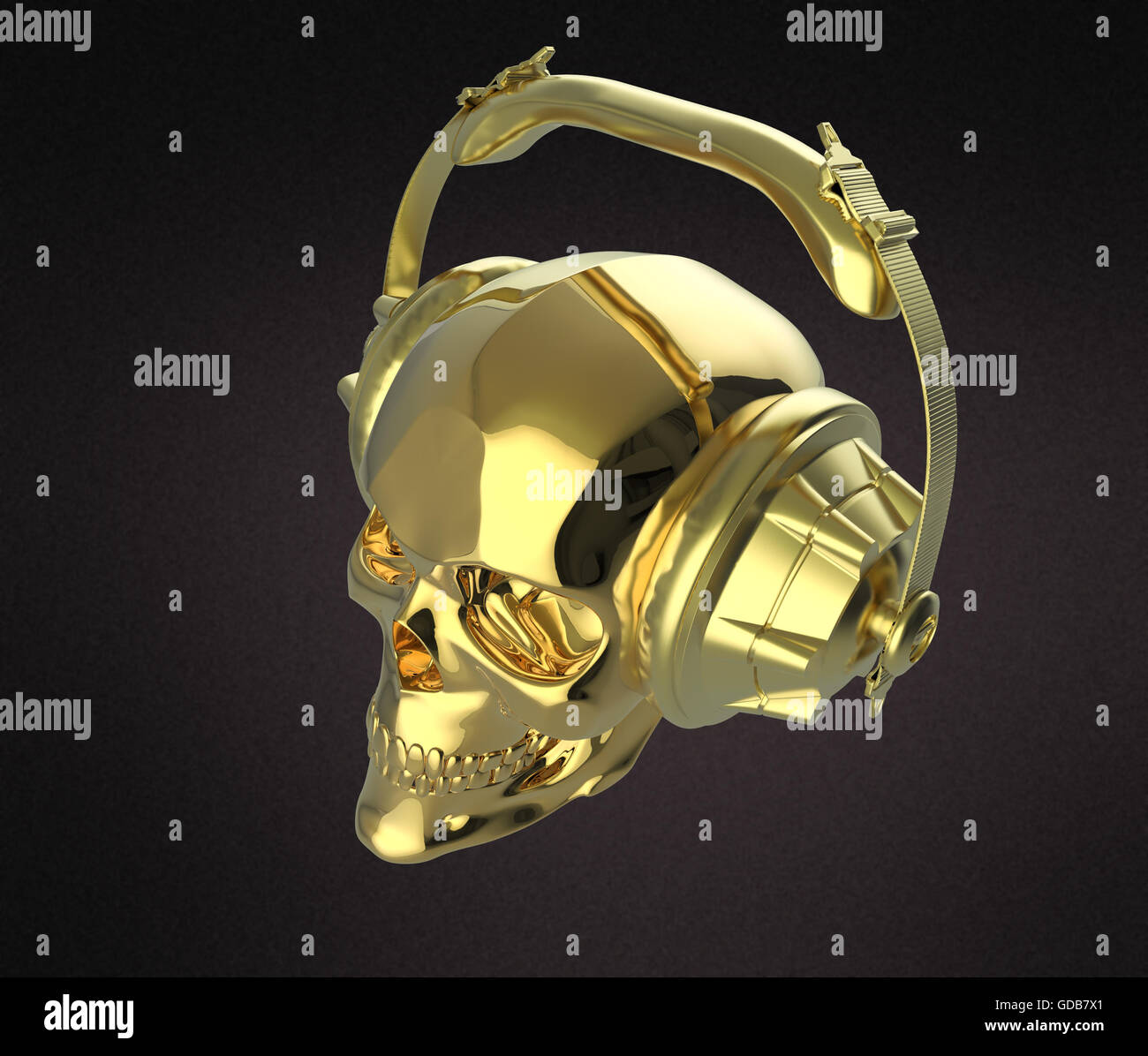 shiny golden human skull with studio earphones on, render side view ...
