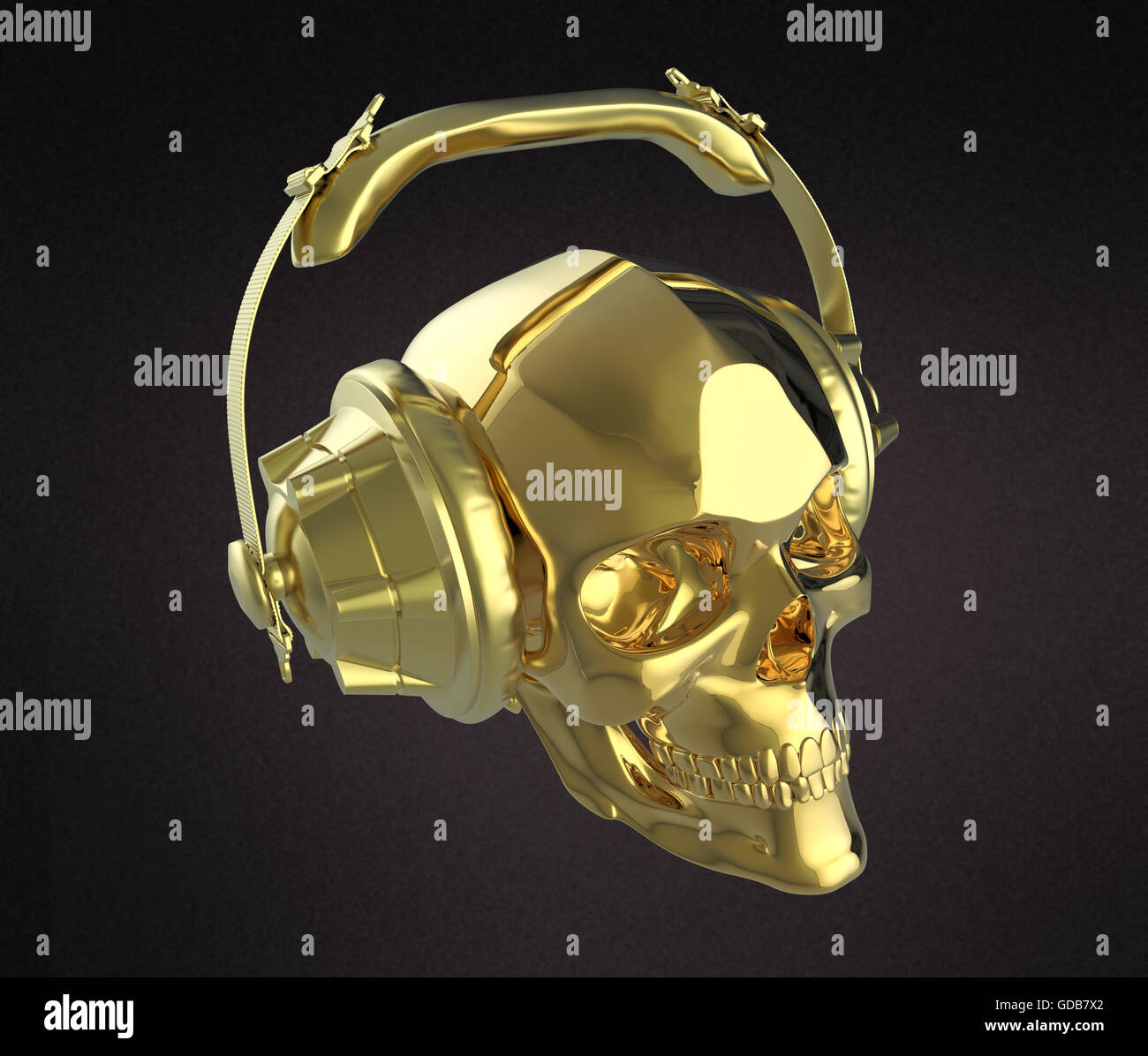 shiny golden human skull with studio earphones on, render side view ...