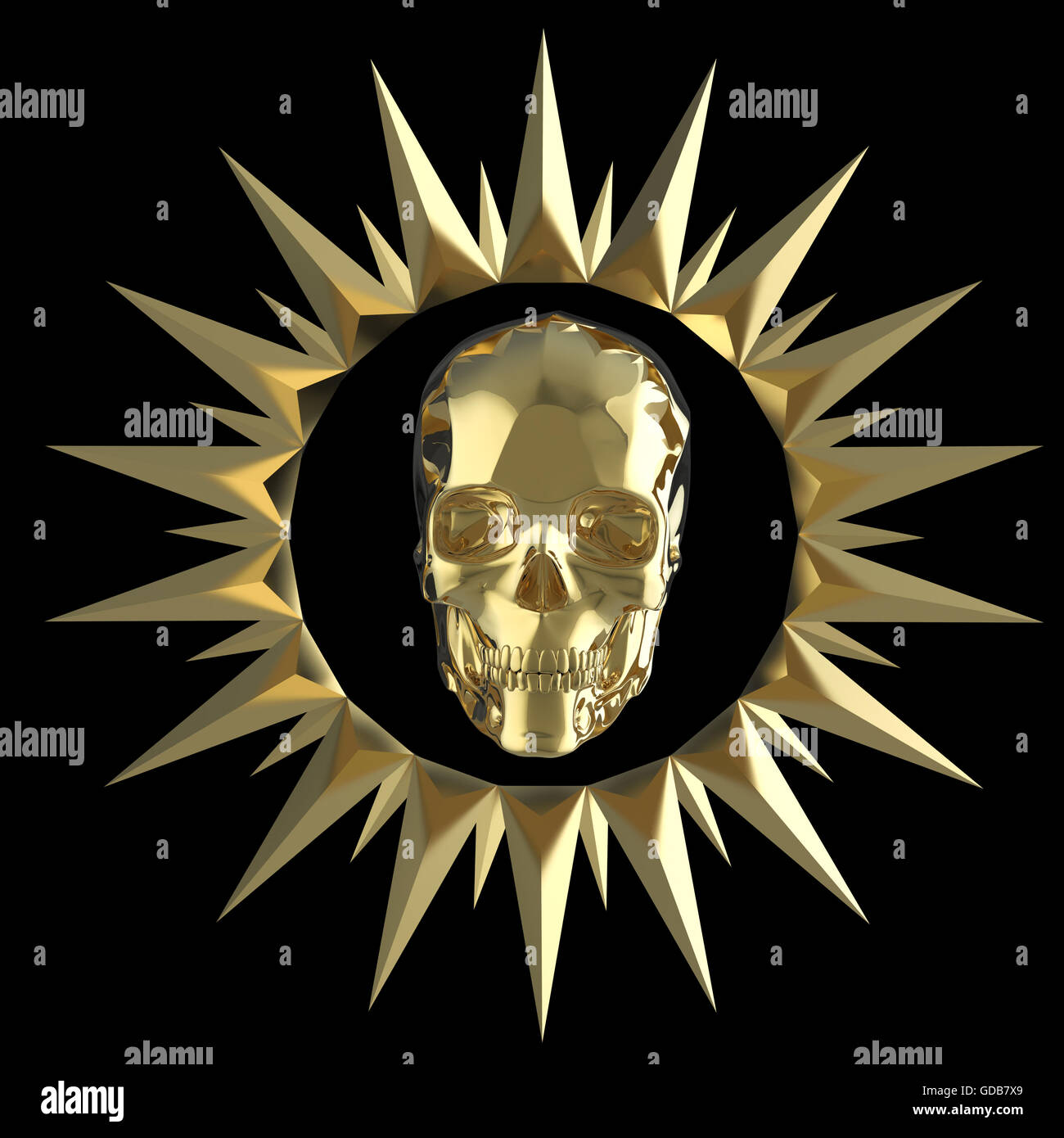 shiny gold metal skull on matte golden plate with spikes around ...