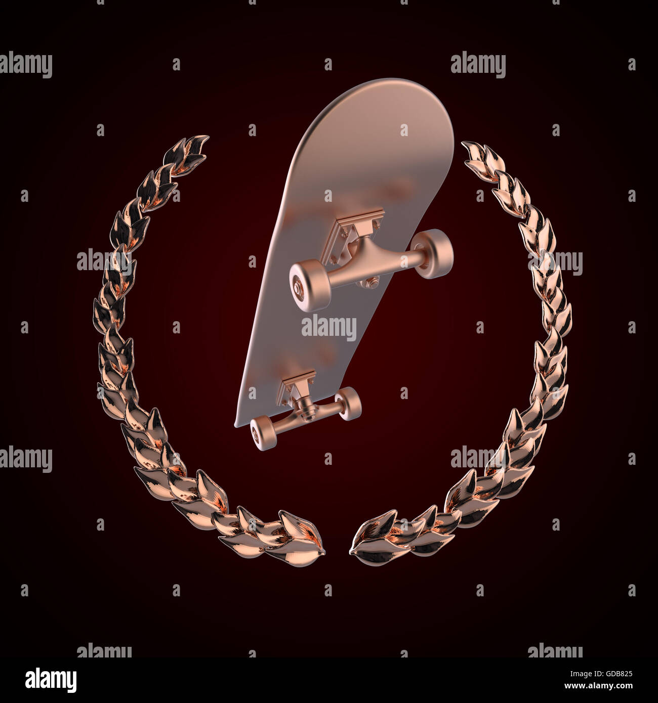 Golden skateboard surrounded with laurel wreath isolated on dark ...