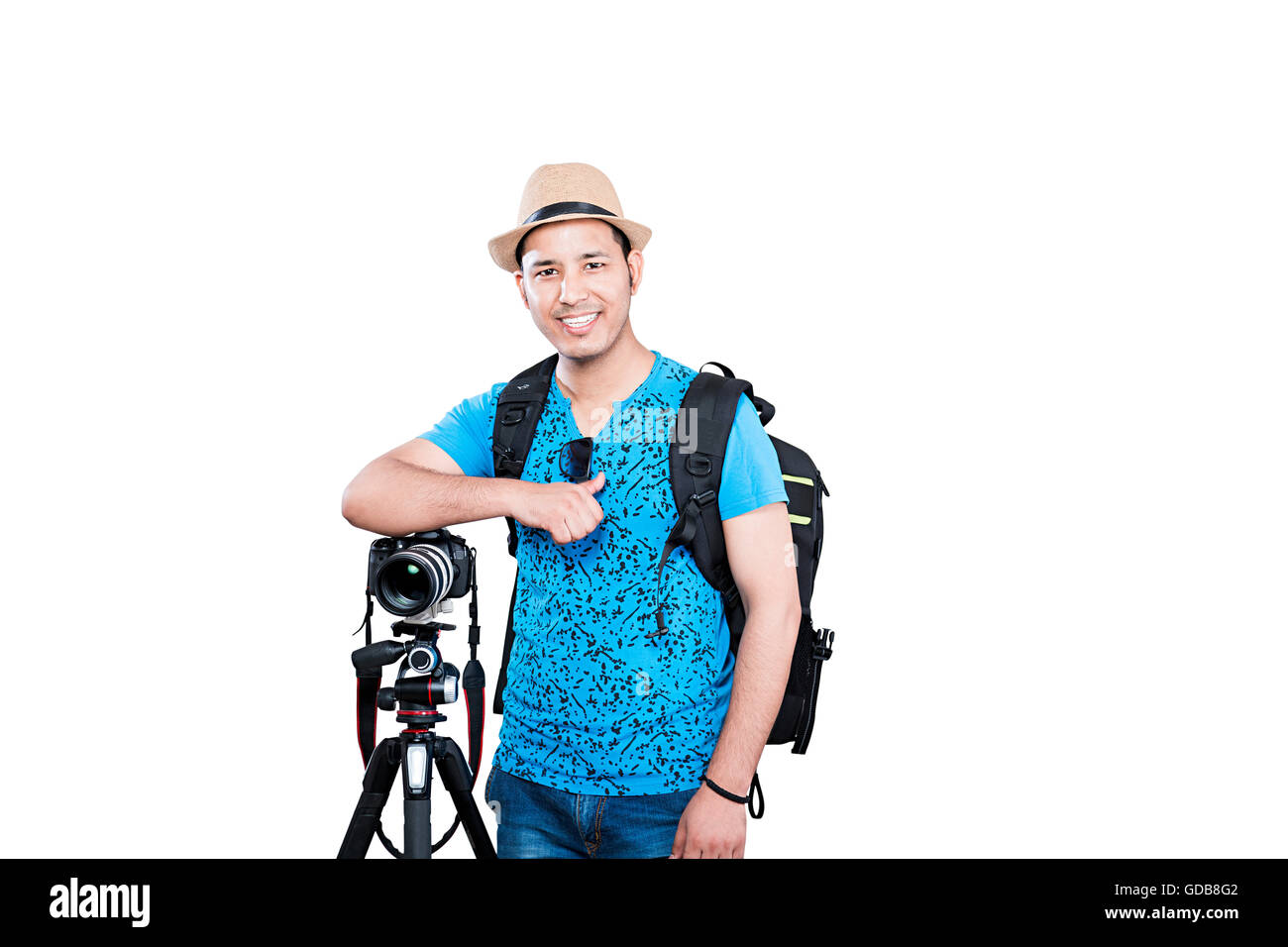 Smiling One Indian Cameraman Photographer Standing Camera With Tripod ...