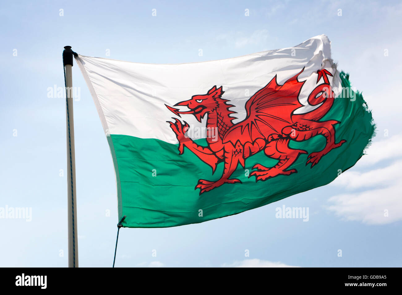 UK, Wales, Gwynedd, Penrhyn Point, Welsh flag flying at Fairbourne ...