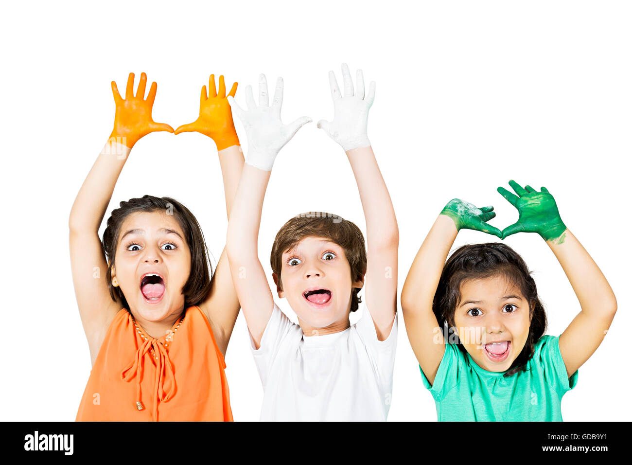 3 indians Kids friends Independence Day Hands Flag paint showing Stock ...