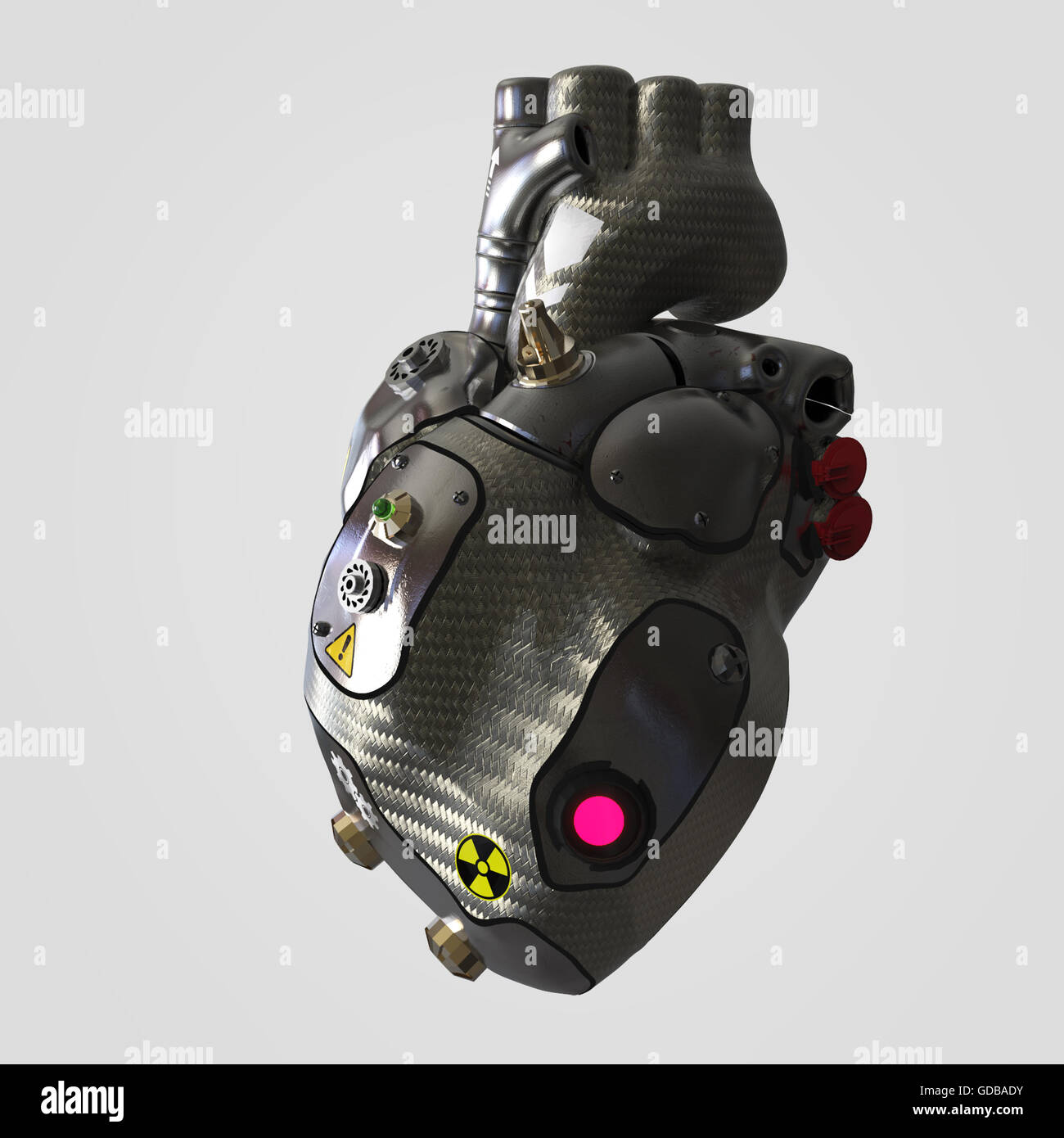 Dark metal plates cyborg techno heart warning signs Stock Photo - Alamy