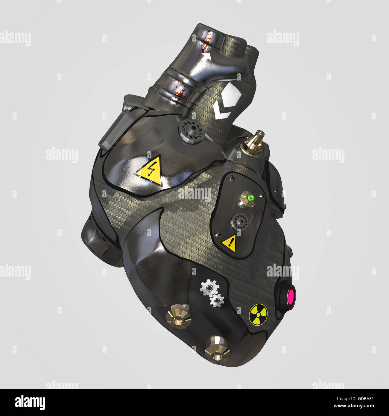 Dark metal plates cyborg techno heart warning signs Stock Photo - Alamy