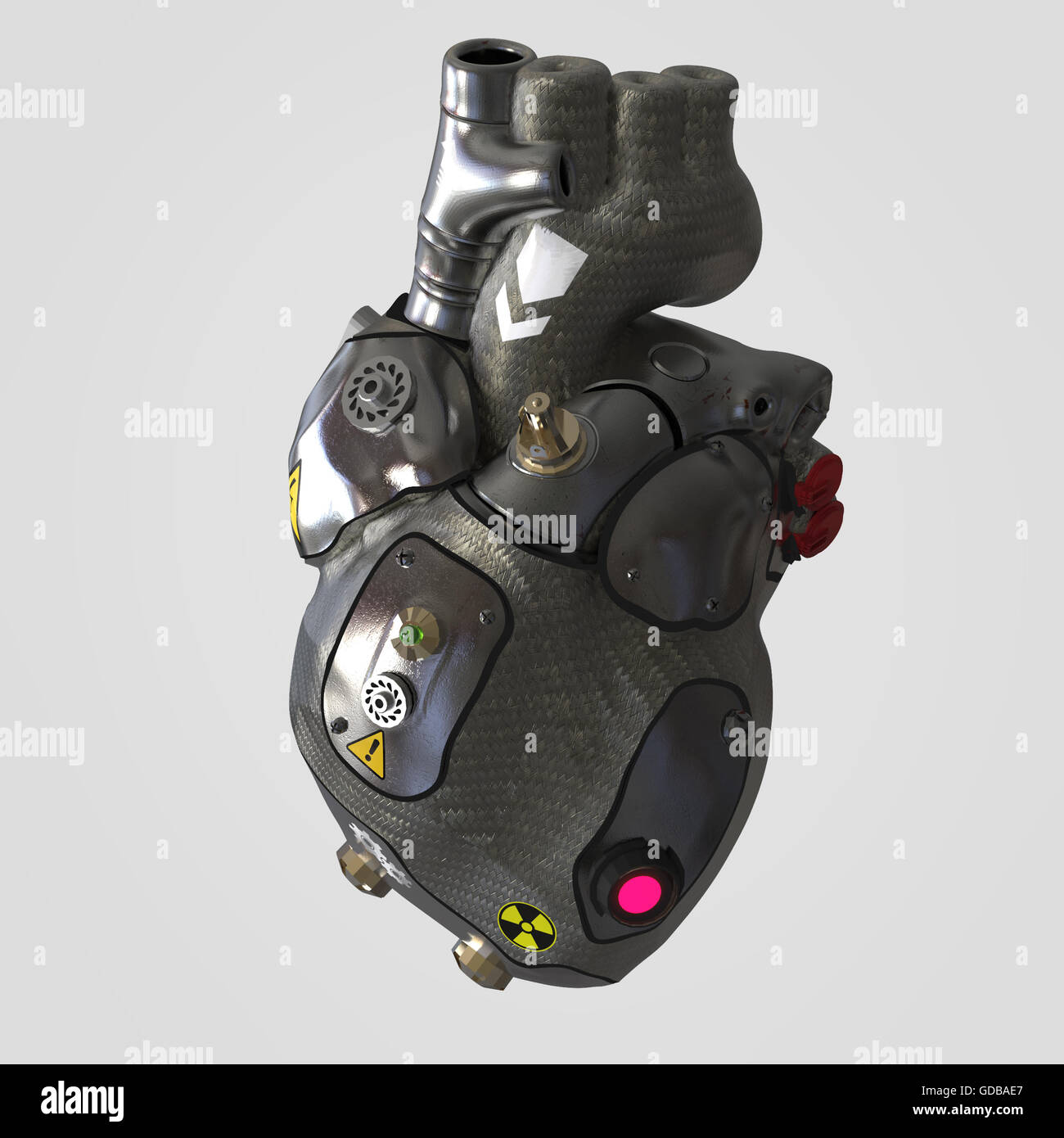 Dark metal plates cyborg techno heart warning signs Stock Photo - Alamy