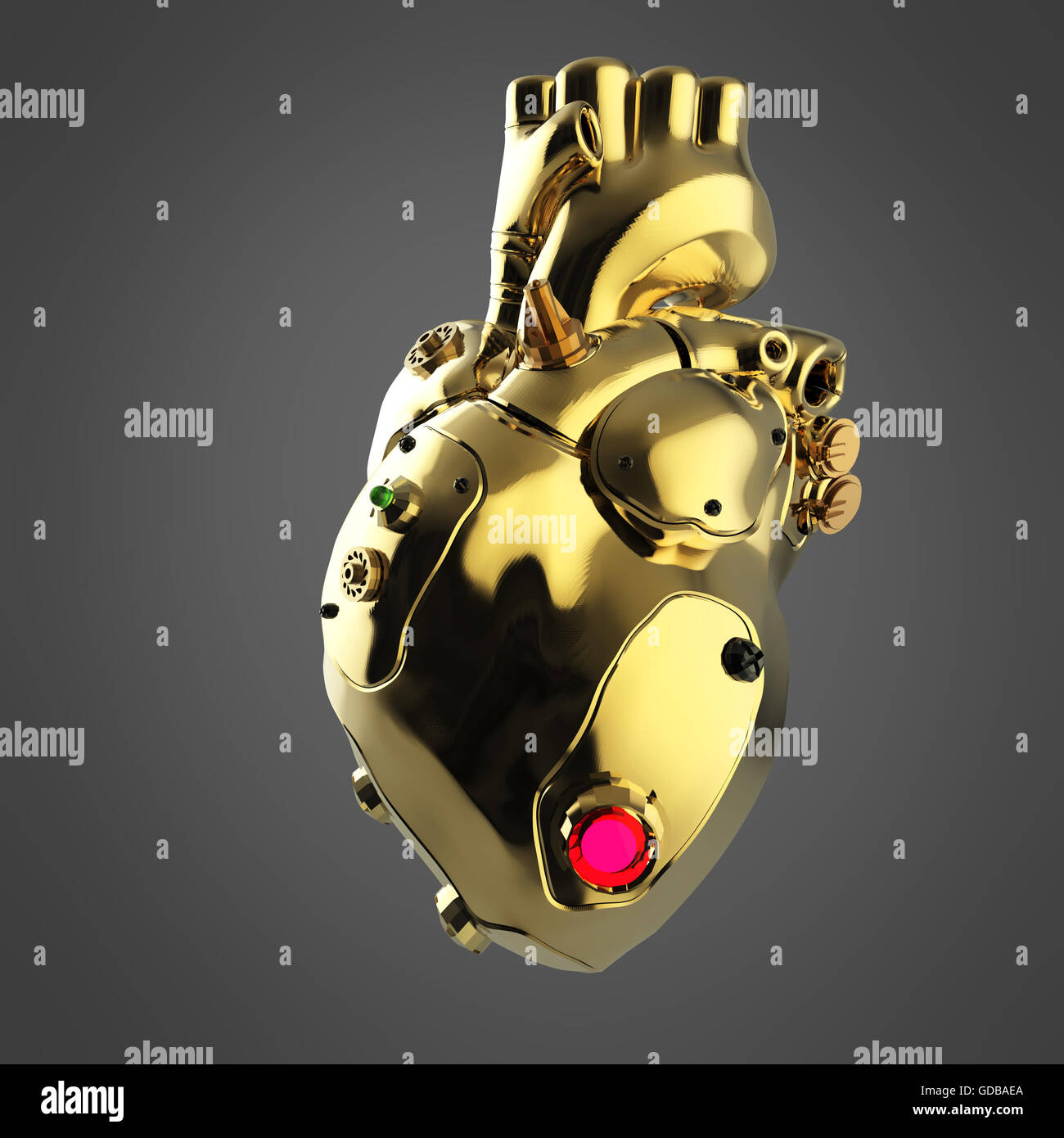 Shiny golden cyborg techno heart with shiny details and colored glass ...