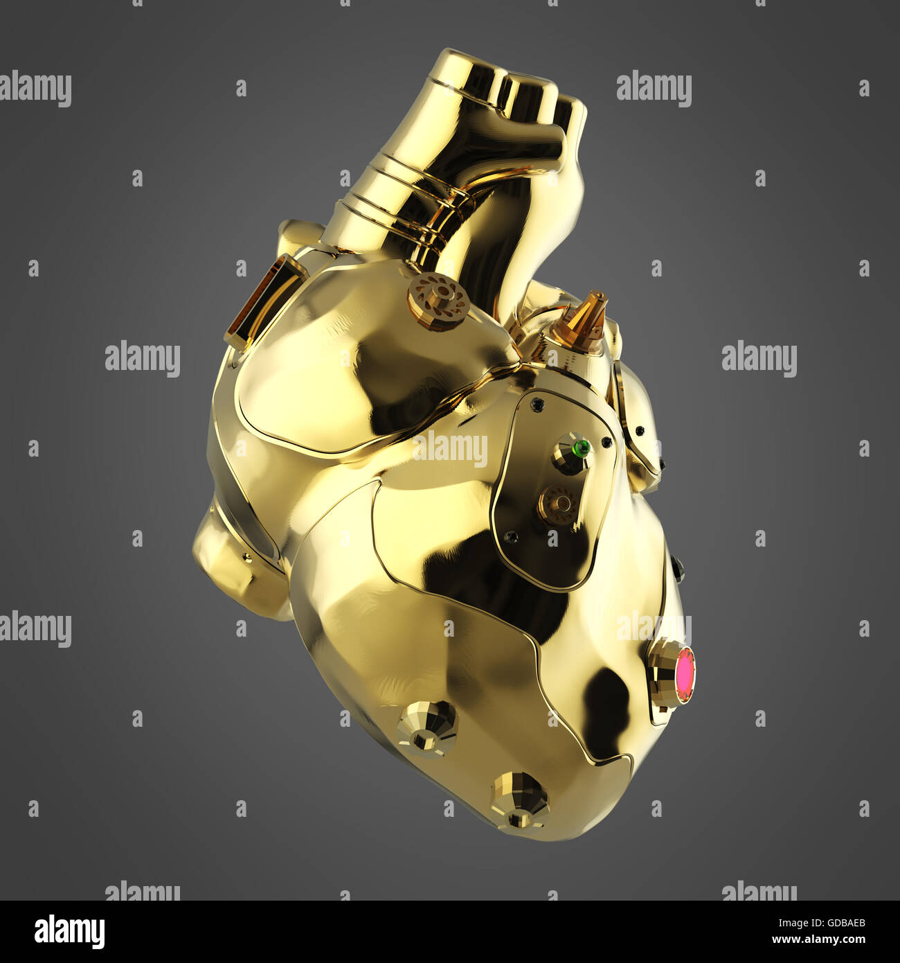 Shiny golden cyborg techno heart with shiny details and colored glass ...