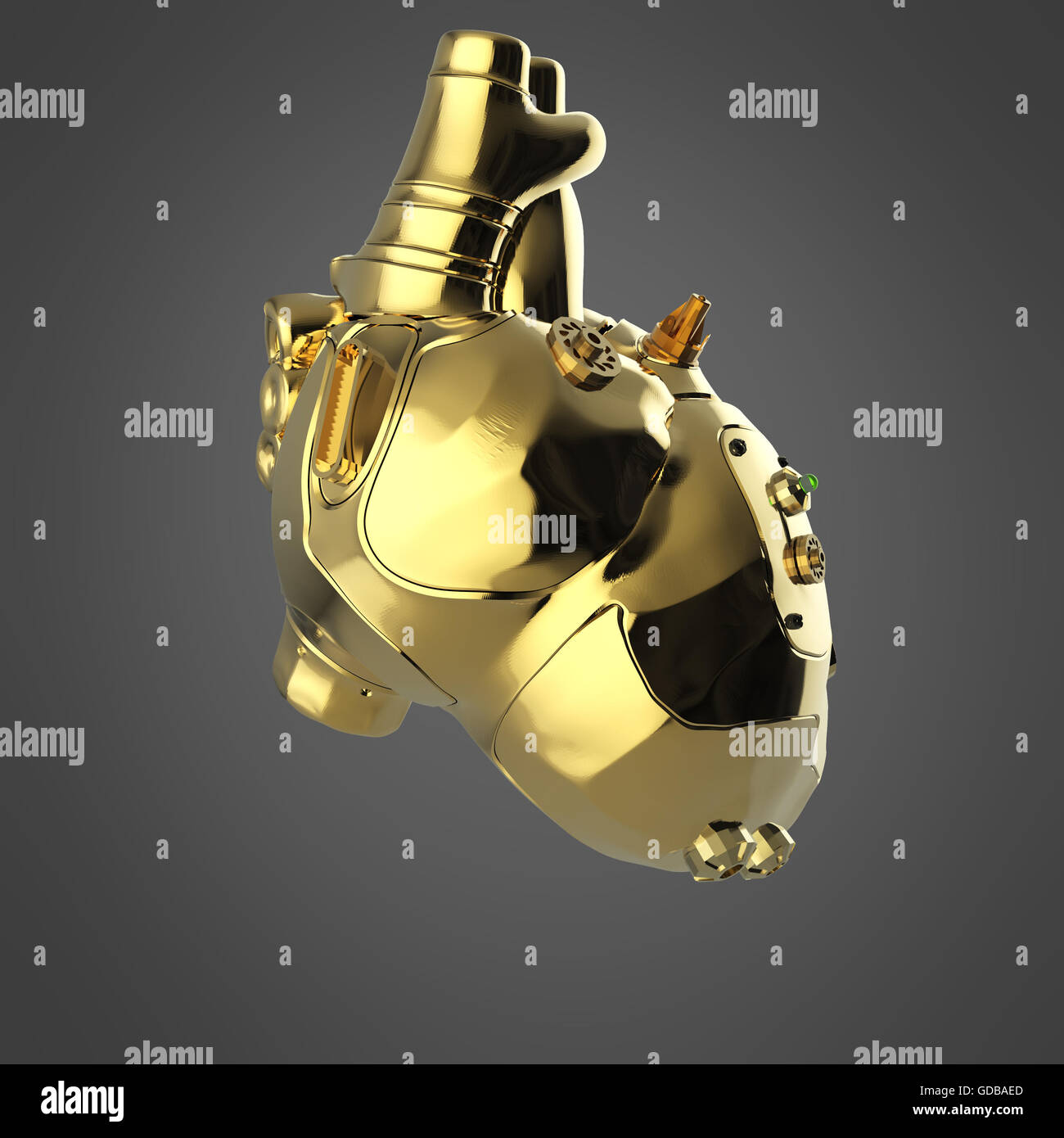 Shiny golden cyborg techno heart with shiny details and colored glass ...