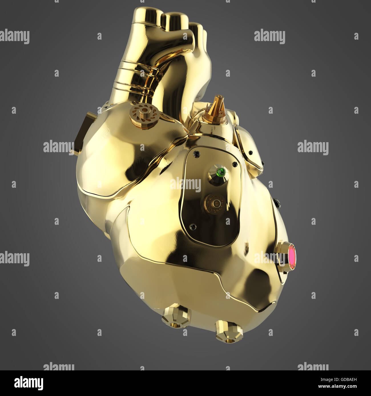 Shiny golden cyborg techno heart with shiny details and colored glass ...