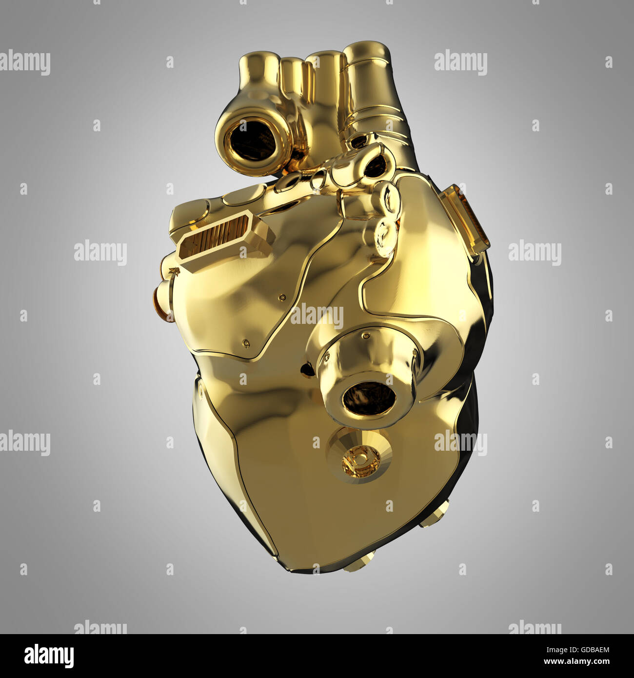 Shiny golden cyborg techno heart with shiny details and colored glass ...
