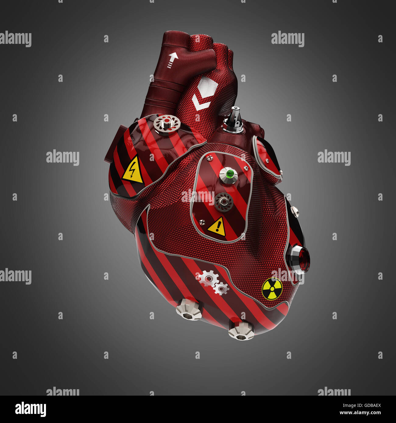 purple and red car paint cyborg techno heart with warning signs Stock ...