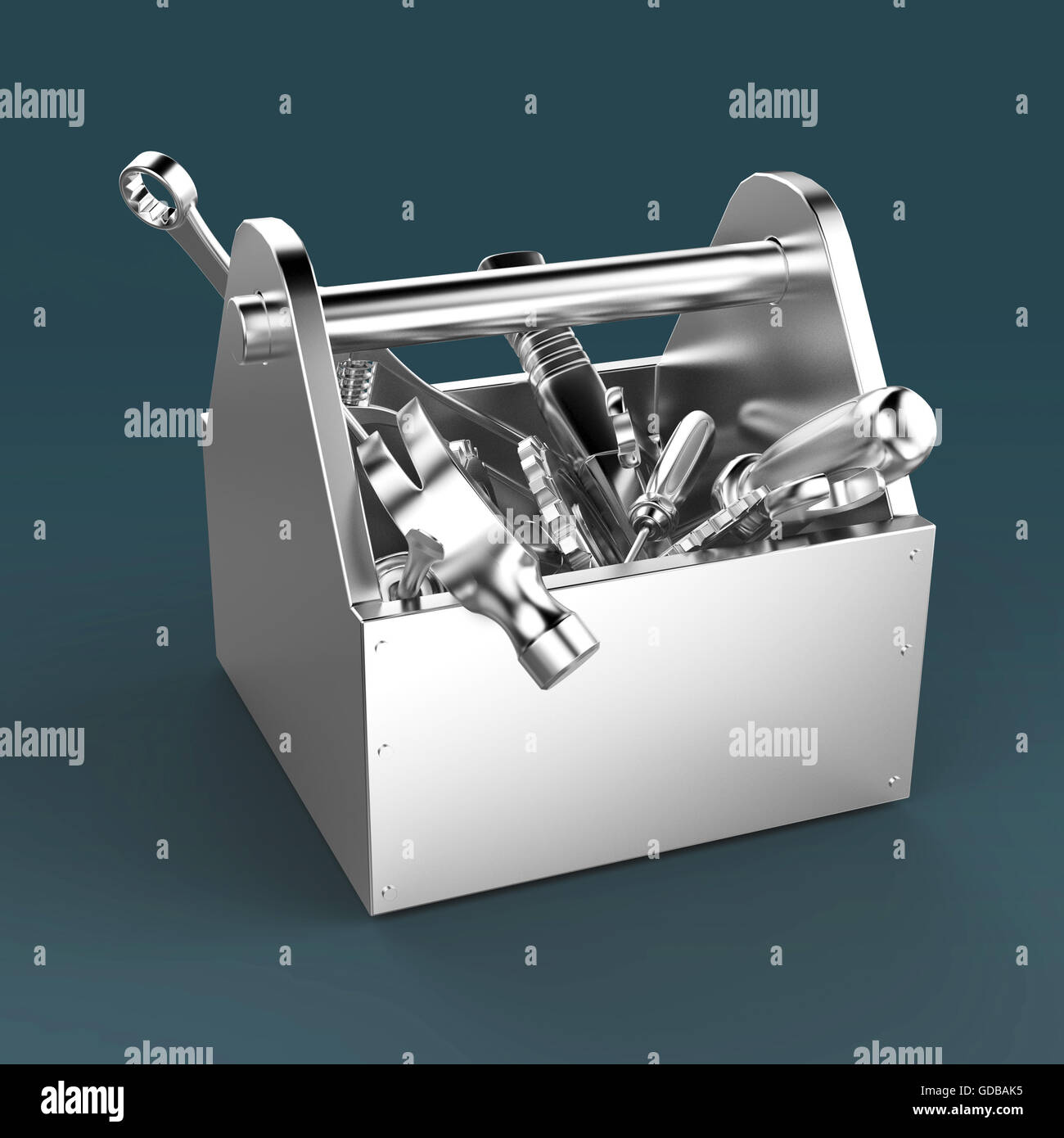 Metal toolbox with tools. Screwdriver, hammer, spanner and wrench ...