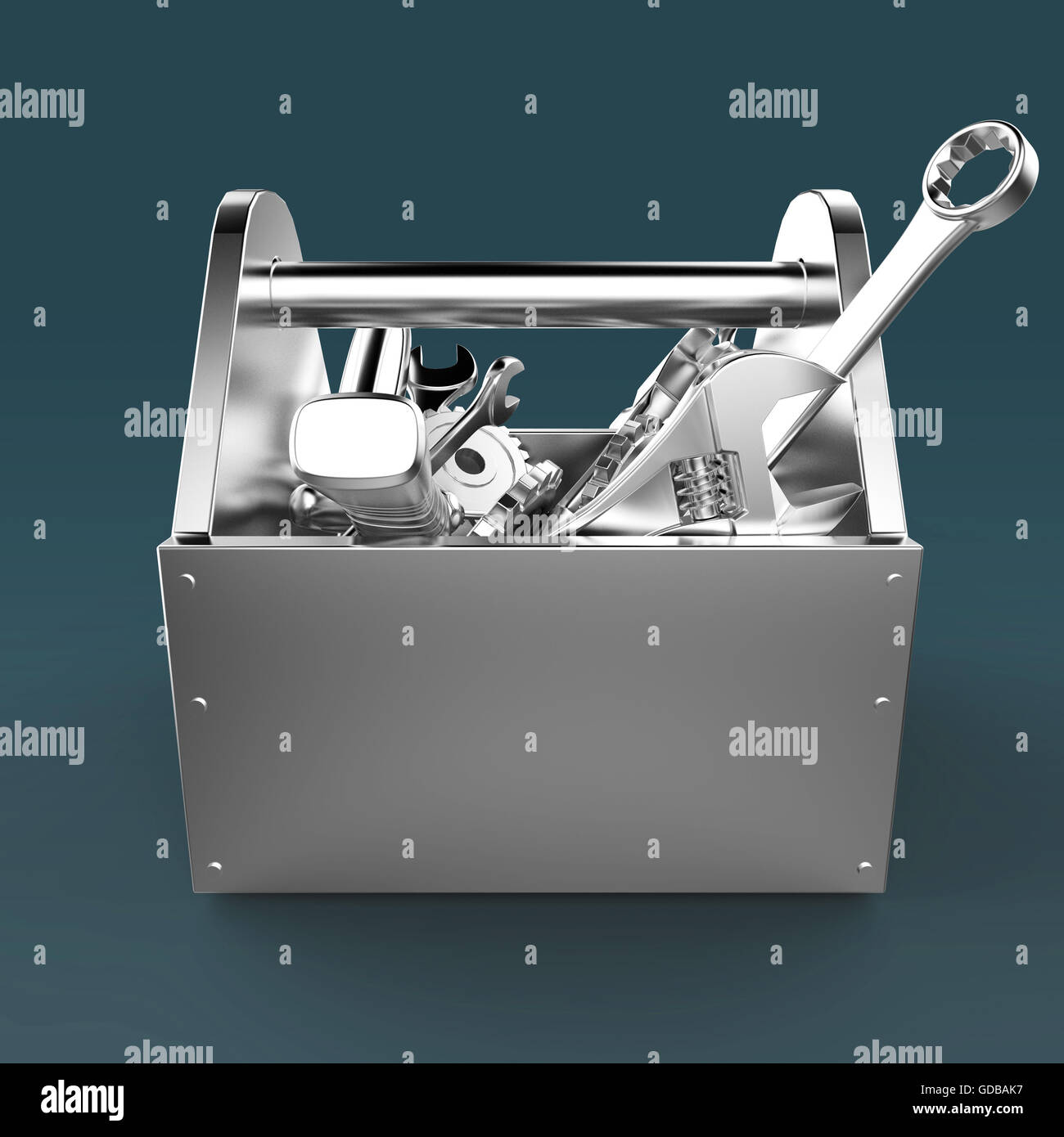 Metal toolbox with tools. Screwdriver, hammer, spanner and wrench ...