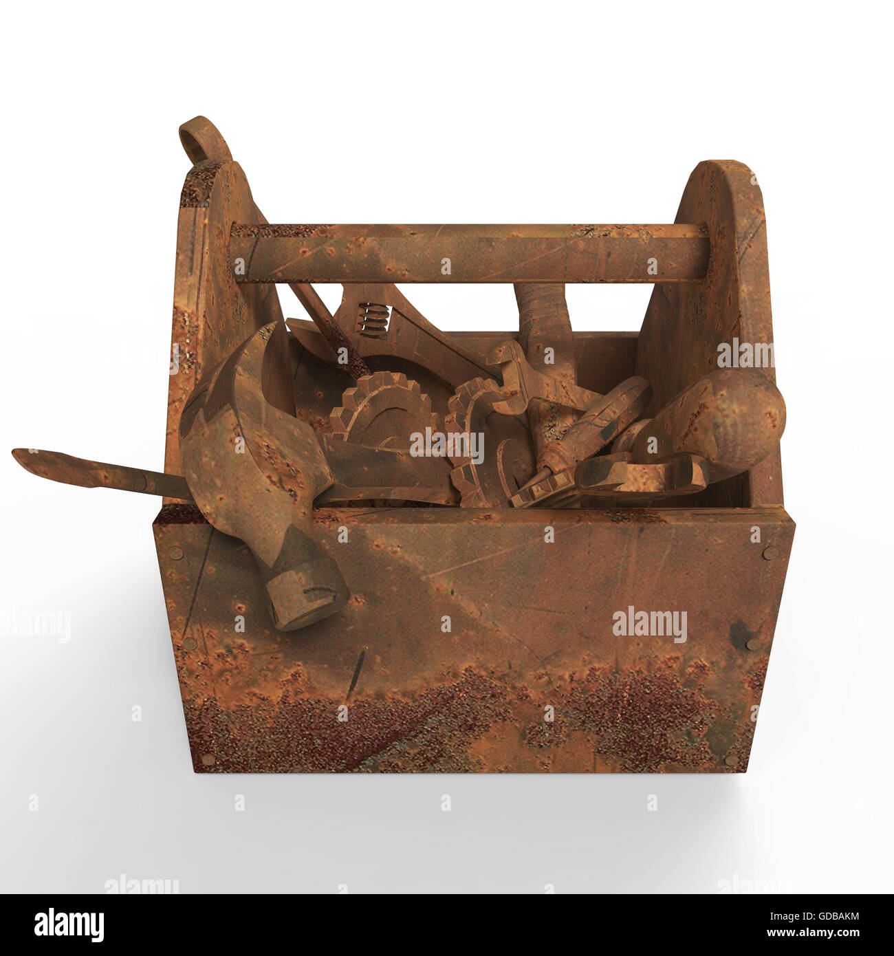 stained worn-out toolbox with rusty tools, wrench, spanner, hammer ...