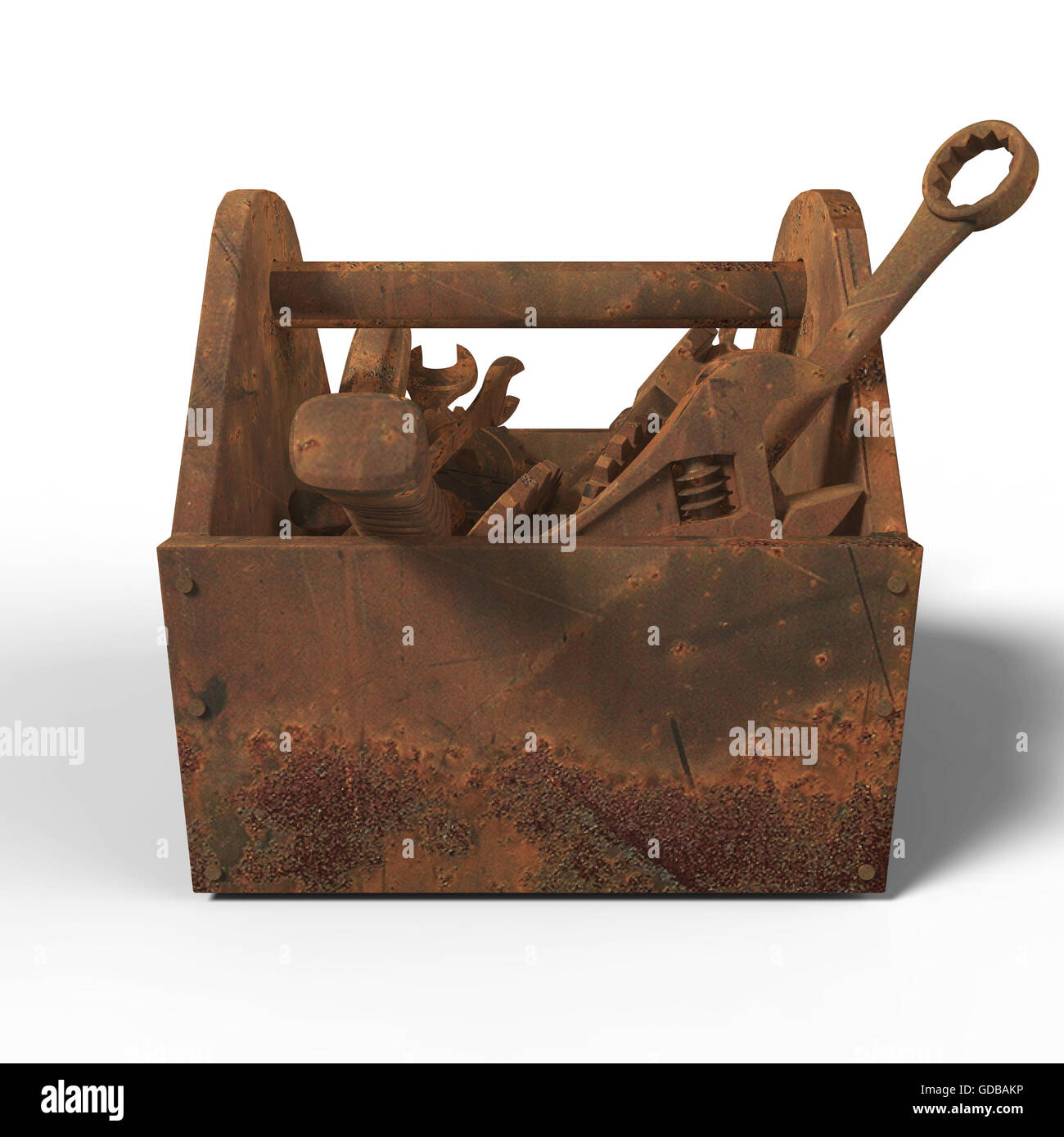 stained worn-out toolbox with rusty tools, wrench, spanner, hammer ...