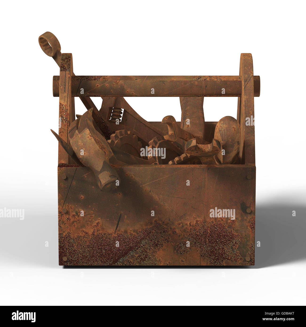 stained worn-out toolbox with rusty tools, wrench, spanner, hammer ...