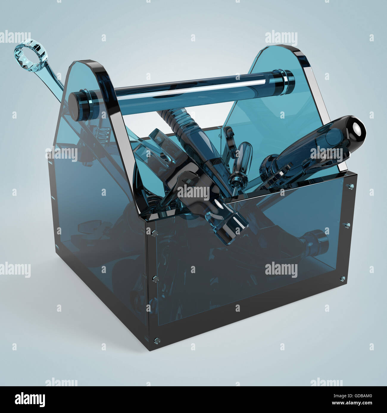 Blue glass toolbox with sapphire tools inside, wrench, spanner, hammer ...