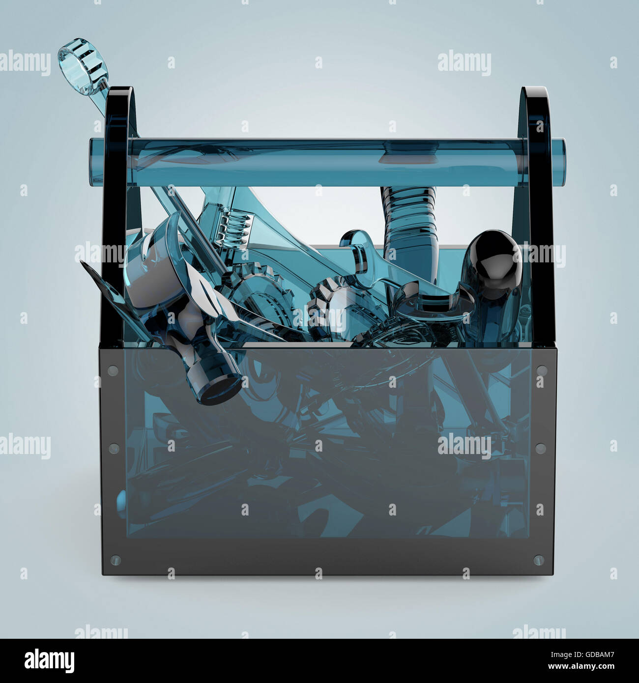 Blue glass toolbox with sapphire tools inside, wrench, spanner, hammer ...