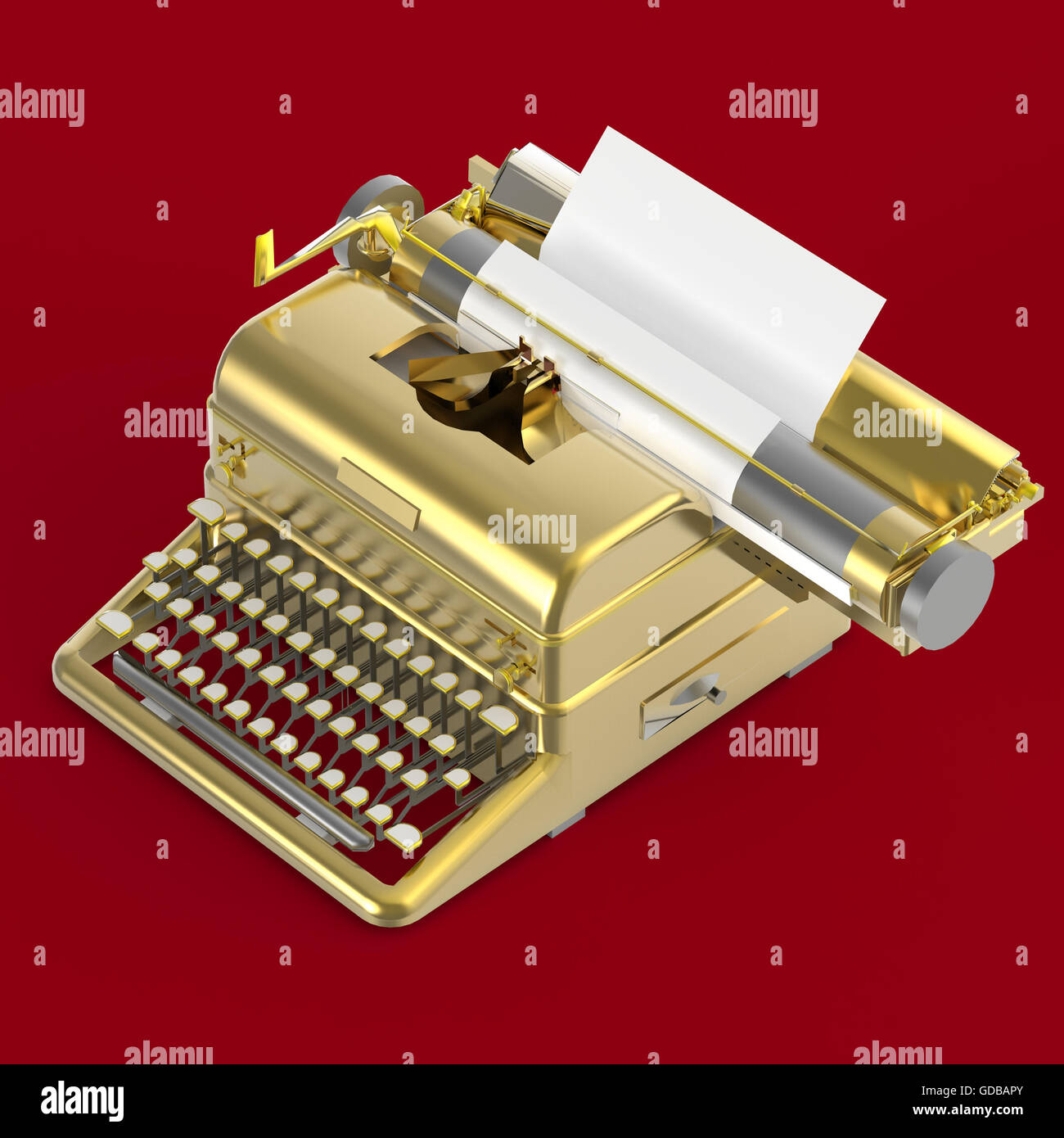 golden vintage typewriter with sheet of paper isometric rendering ...