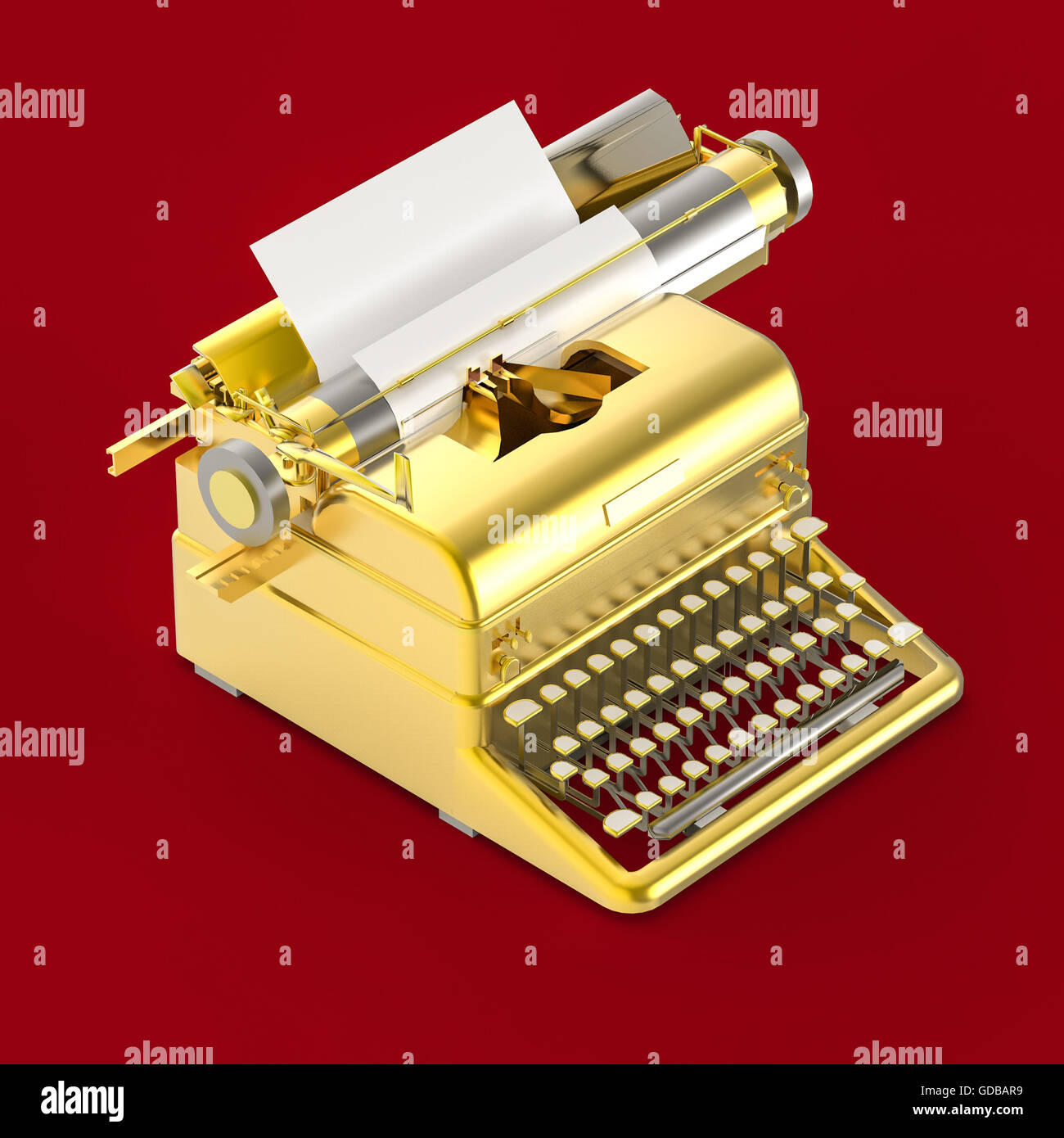 golden vintage typewriter with sheet of paper isometric rendering ...