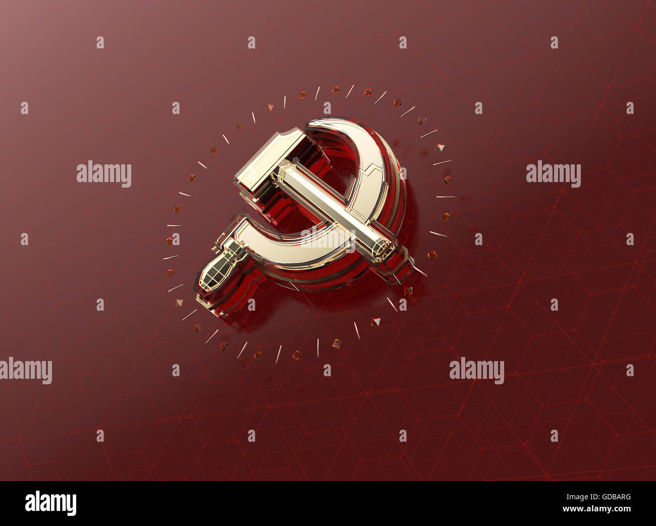 golden hammer and sickle with fracturesglowing edges on high tech dark ...
