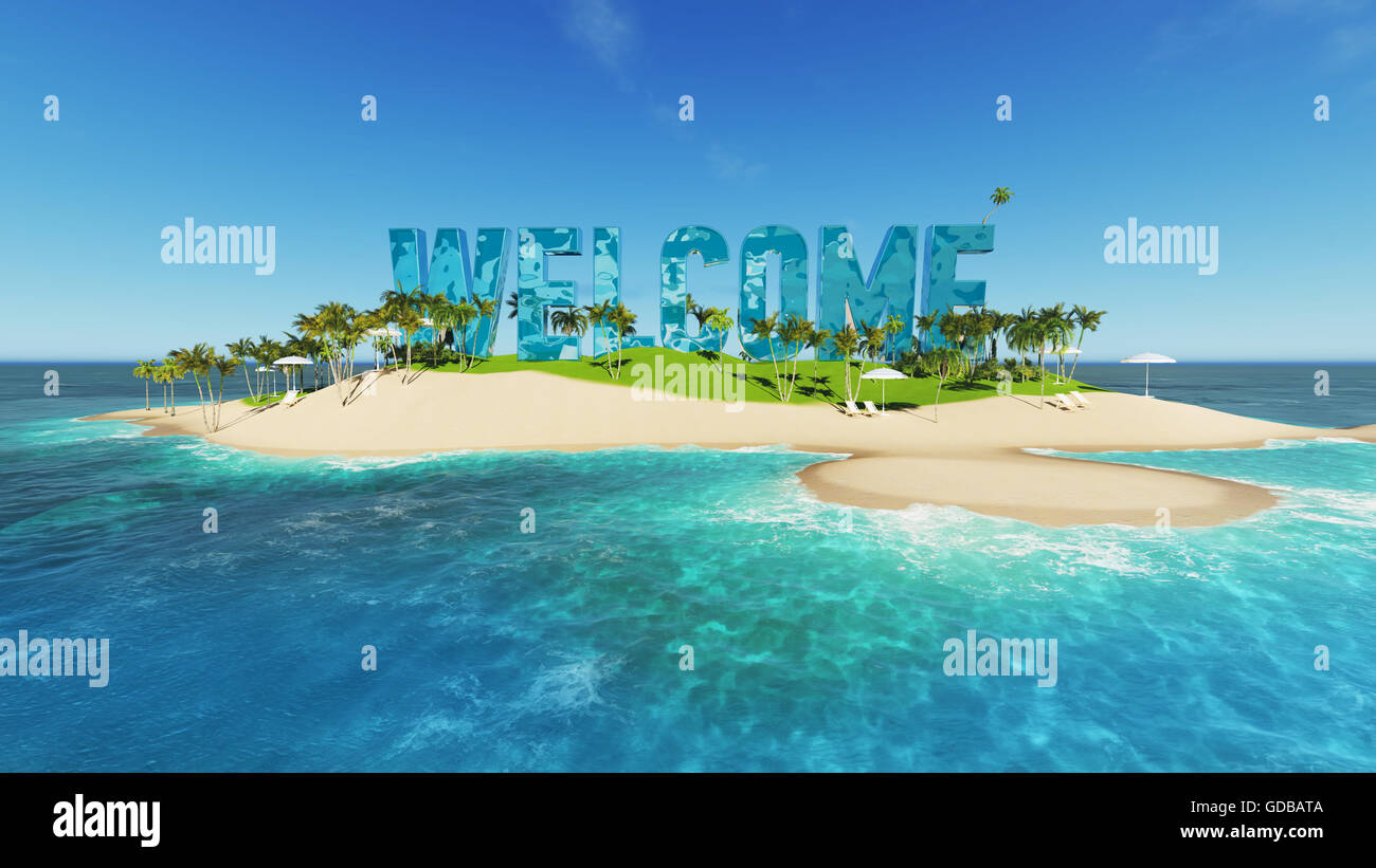 render word welcome made of sand on tropical paradise island with palm ...