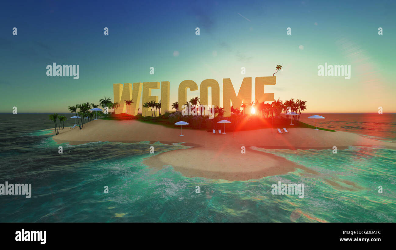 render word welcome made of sand on tropical paradise island with palm ...